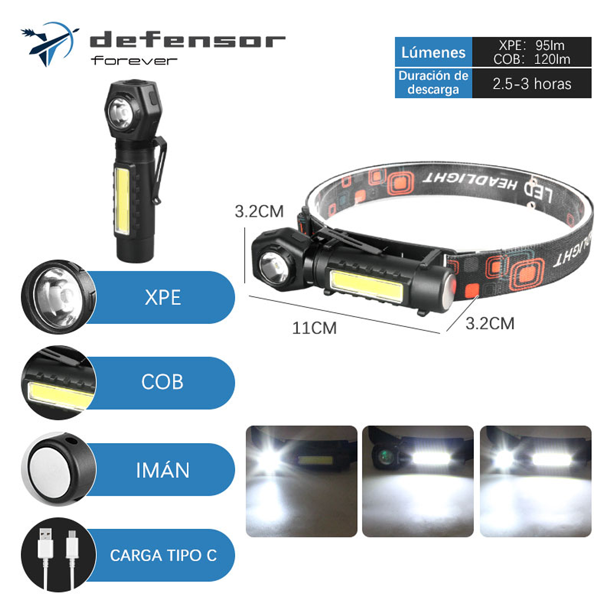 LINTERNA FRONTAL RECARGABLE CON IMAN