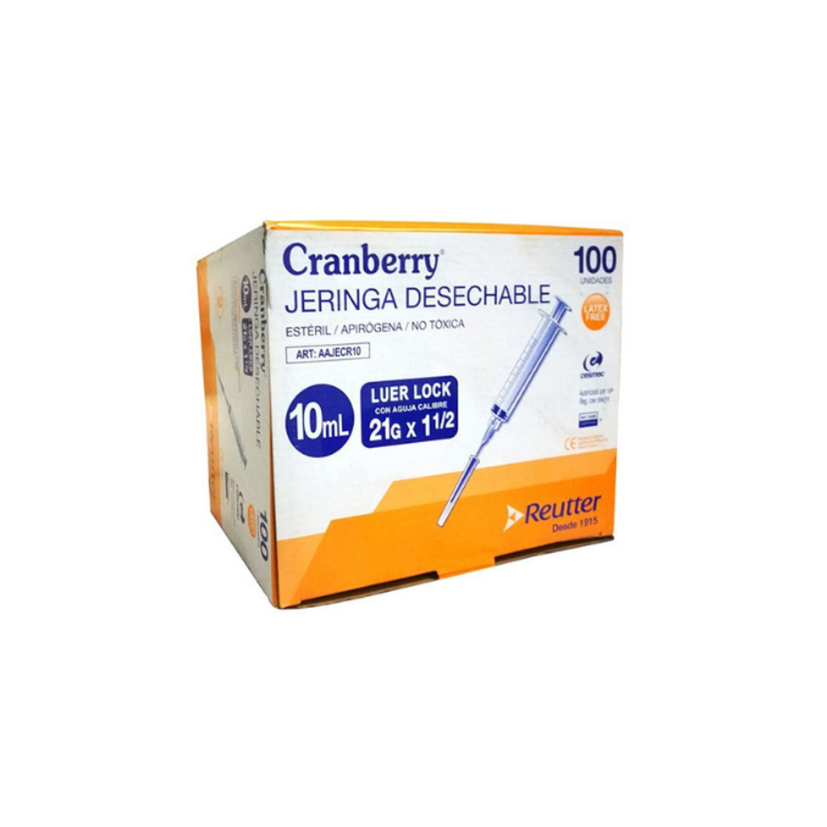 Jeringa 10cc 21g x 1 1/2 Caja 100 Unidades Luer Lock Cranber