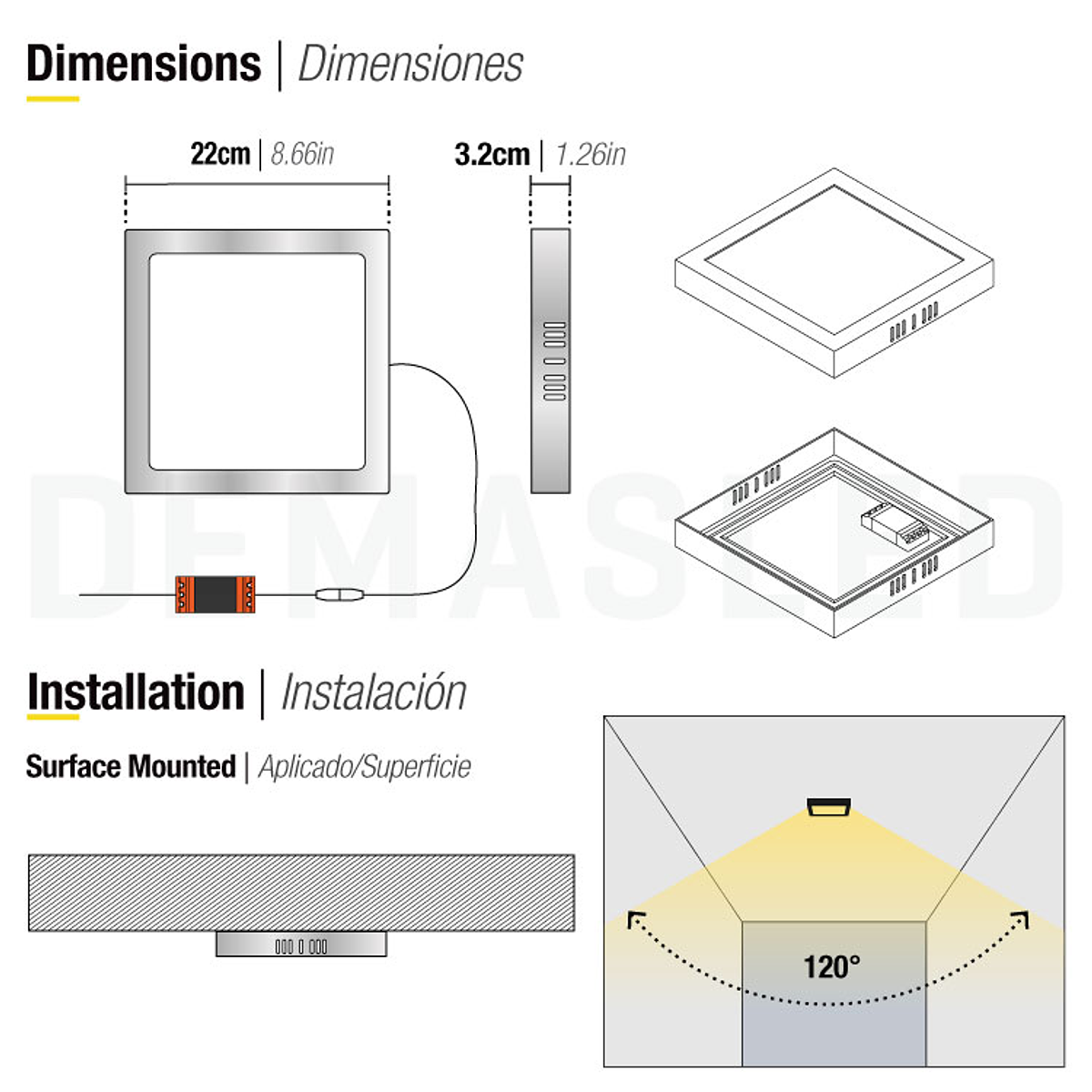 Panel LED Sobrepuesto Cuadrado 18W 6000K 220x220mm | Diartek ...