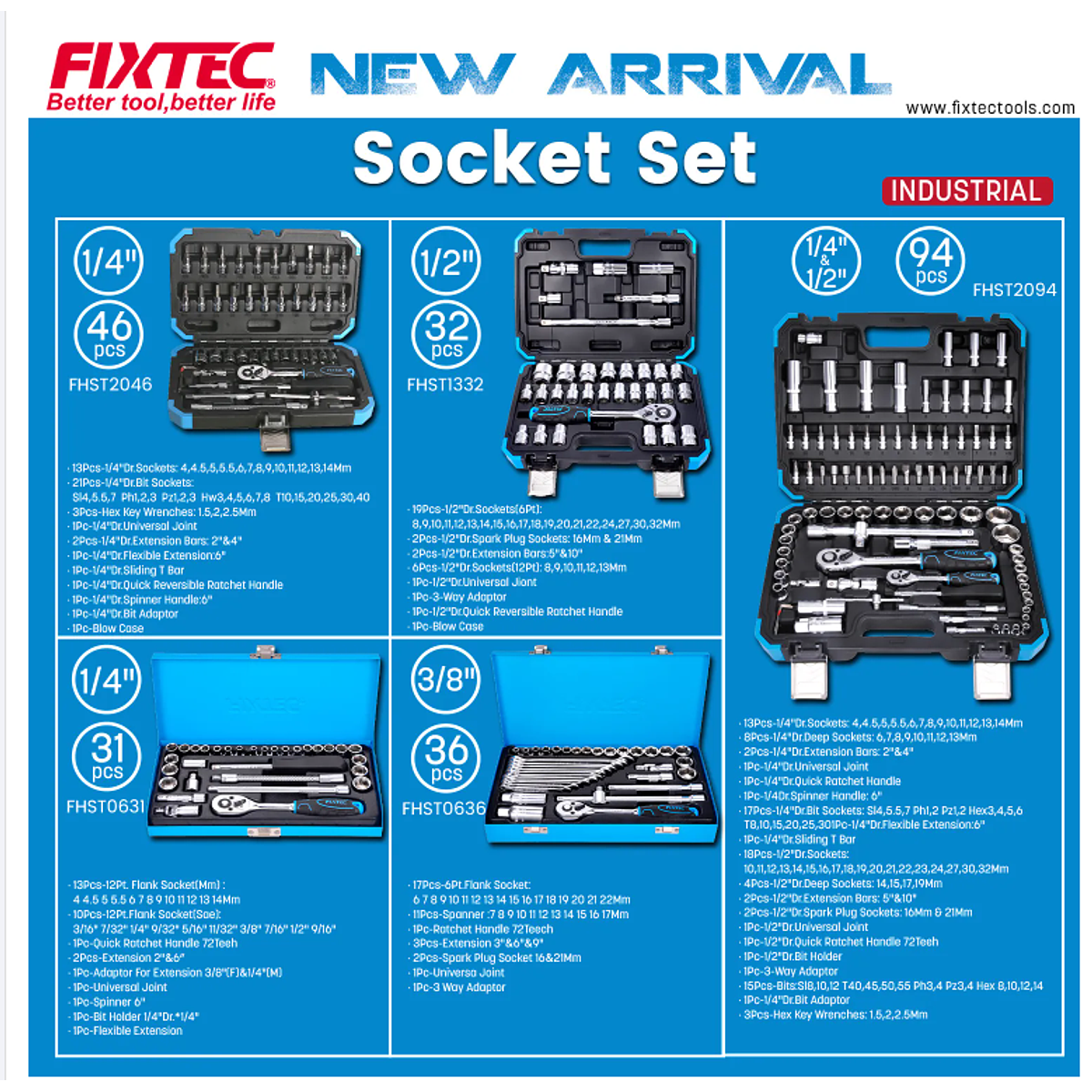 Set Juego de Dados Chicharra 3/8 36 Piezas Fixtec