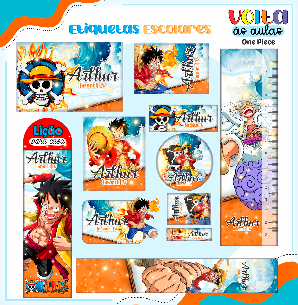 Kit Digital Etiqueta Escolar One Piece Volta às Aulas