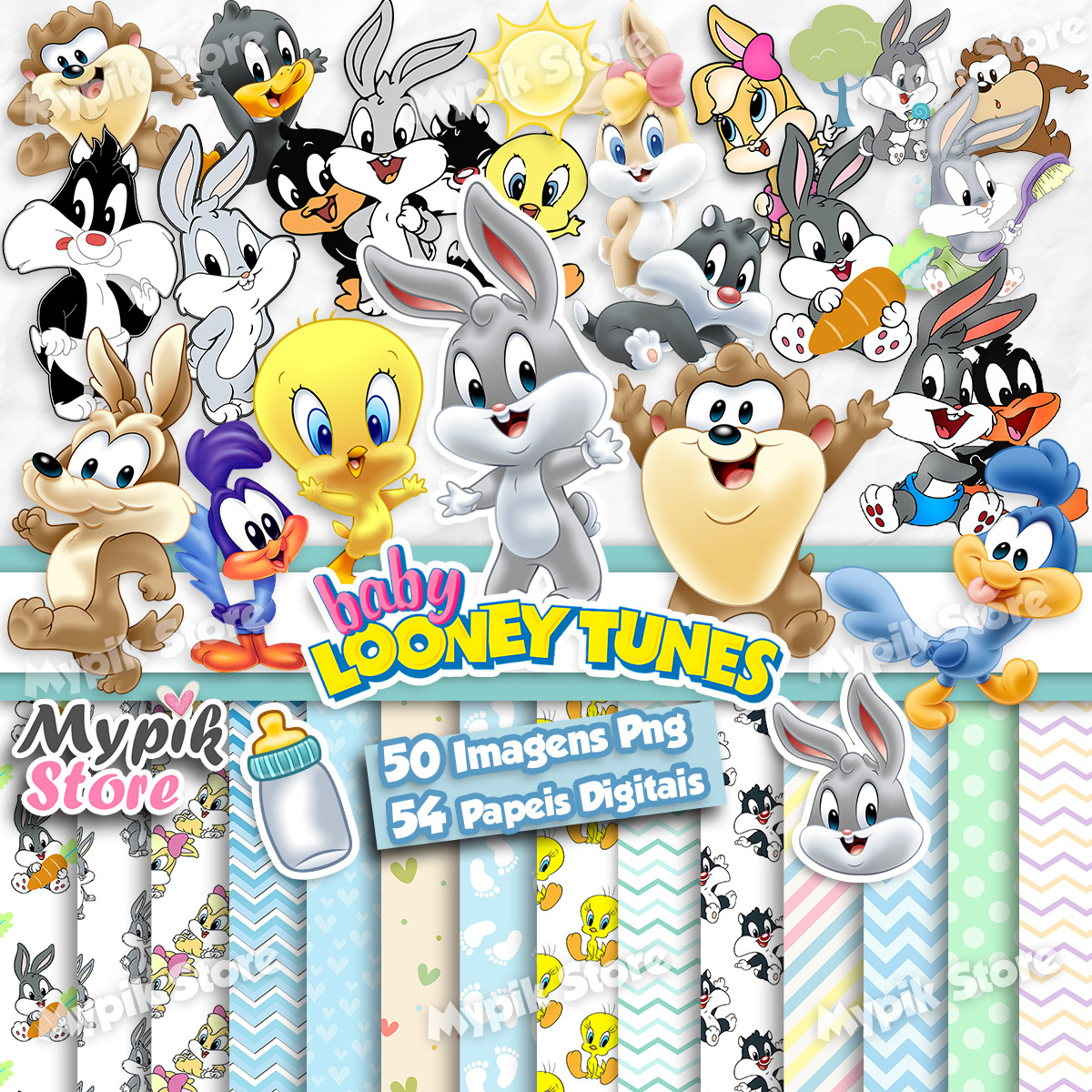 Kit Digital Baby Looney Tunes: Imagens PNG e Papeis Digitais