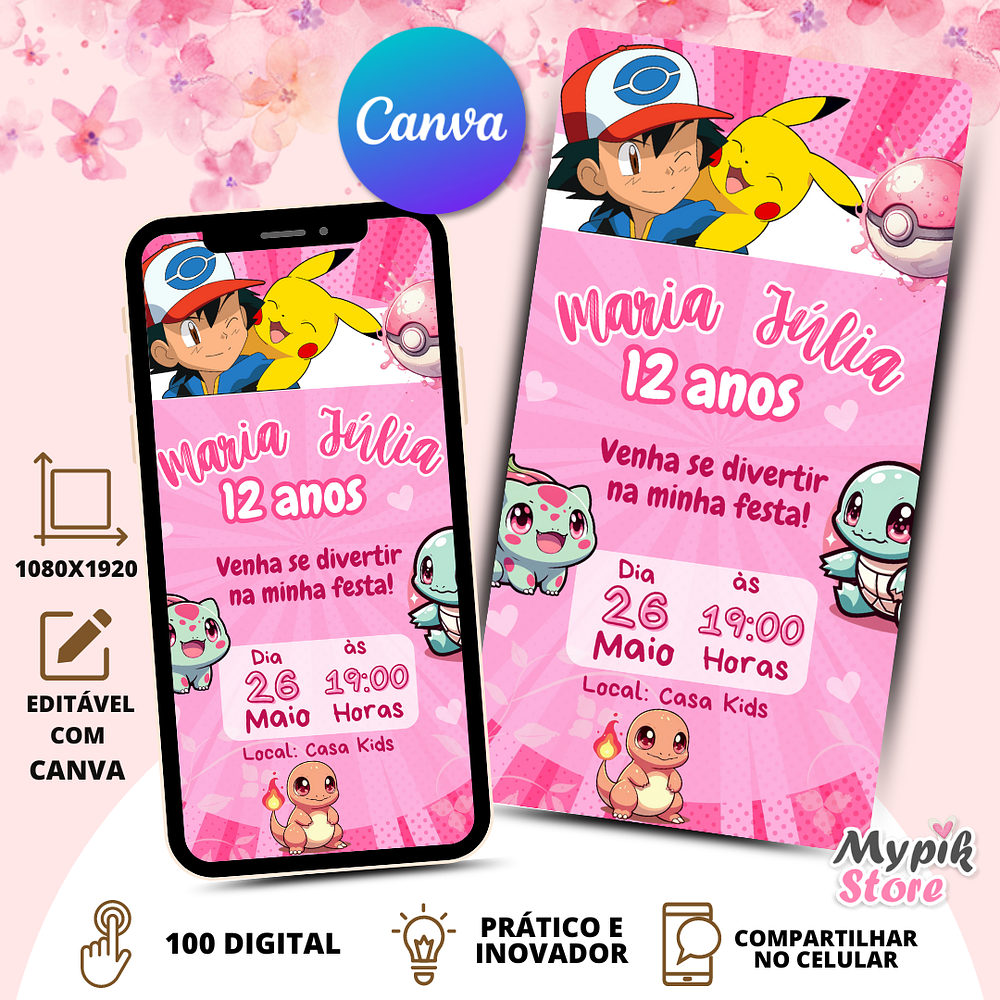 Convite Digital Pokémon Rosa 04 - Editável com Canva