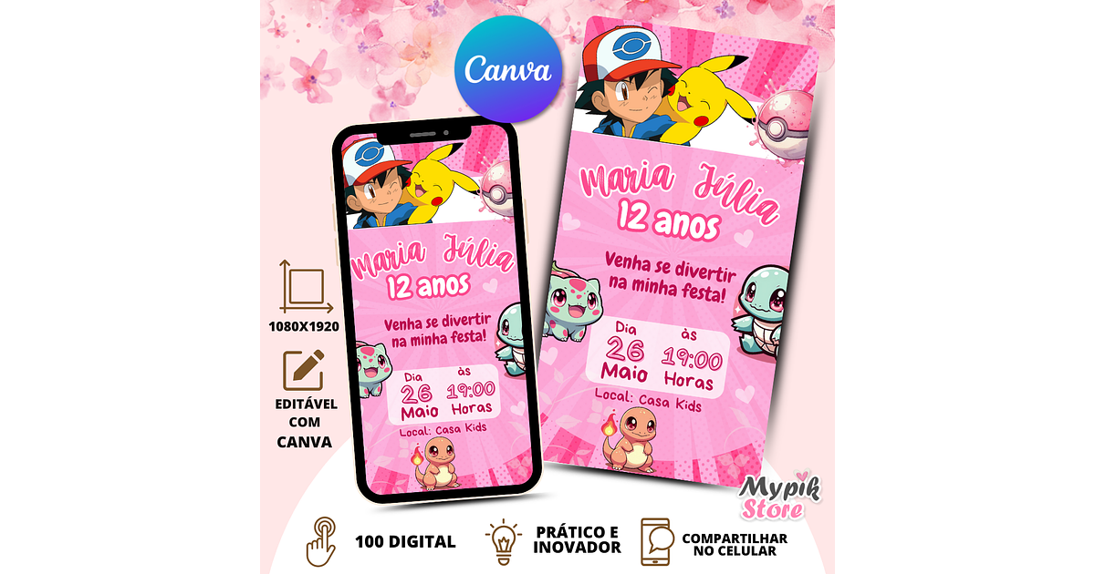 Convite Digital Pokémon Rosa 04 - Editável com Canva
