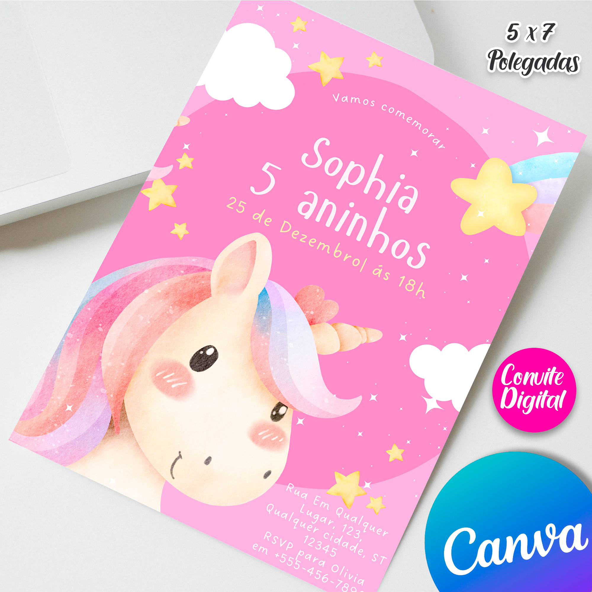 Convite Digital Unicórnio Rosa - Editável com Canva
