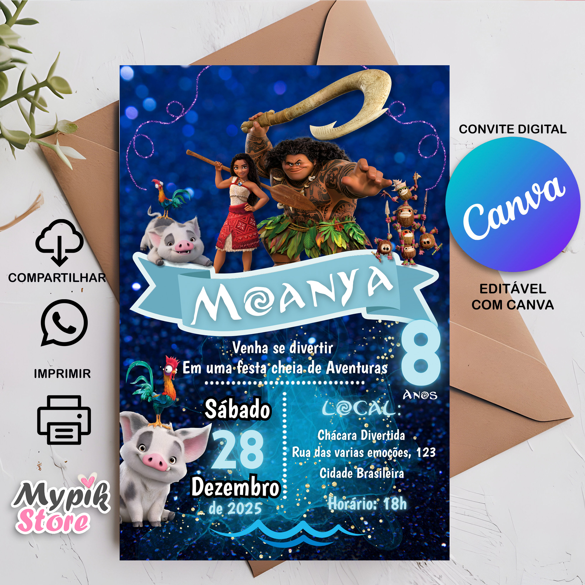 Convite Digital Moana 2 - Editável com Canva