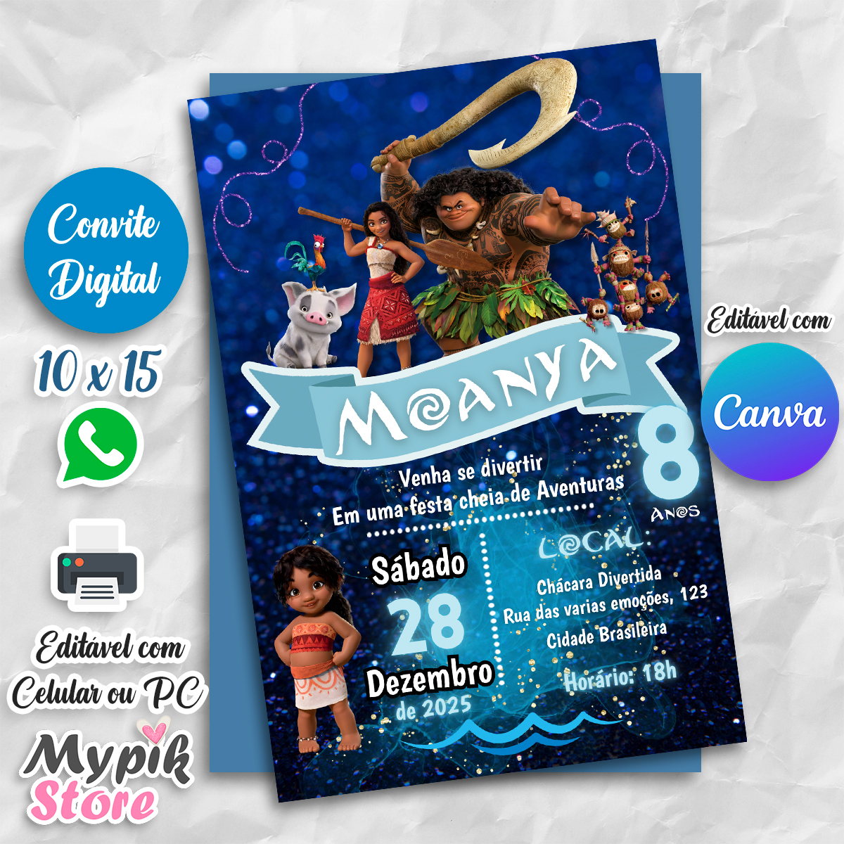 Convite Digital Moana 2 - Editável com Canva