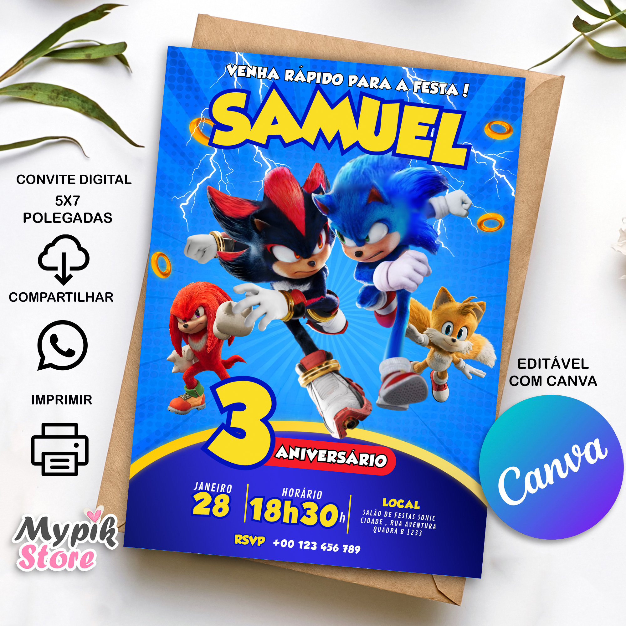 Convite Digital Sonic - Editável com Canva