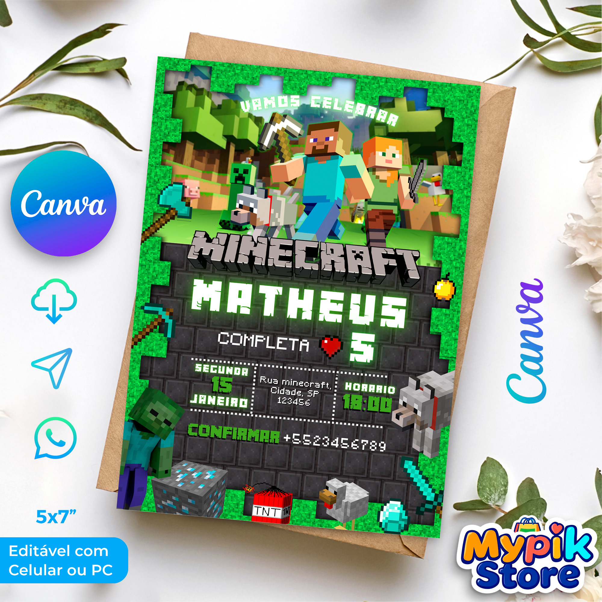 Convite Digital Minecraft Editável no Canva