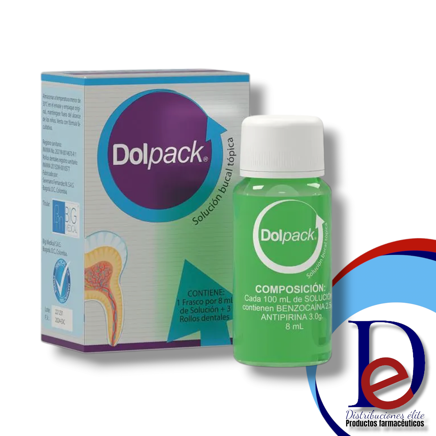 CALZAS DOLPACK X 8 ML + 3 ROLLOS- BENZOCAINA+ ANTIPIRINA- BI