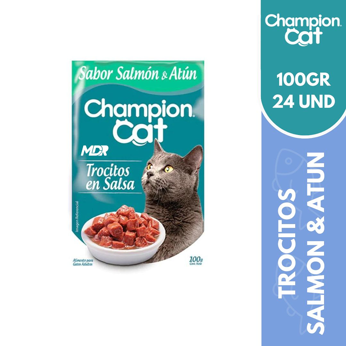 CHAMPION CAT TROCITOS EN SALSA ADULTO SALMON 100gr x24 UND