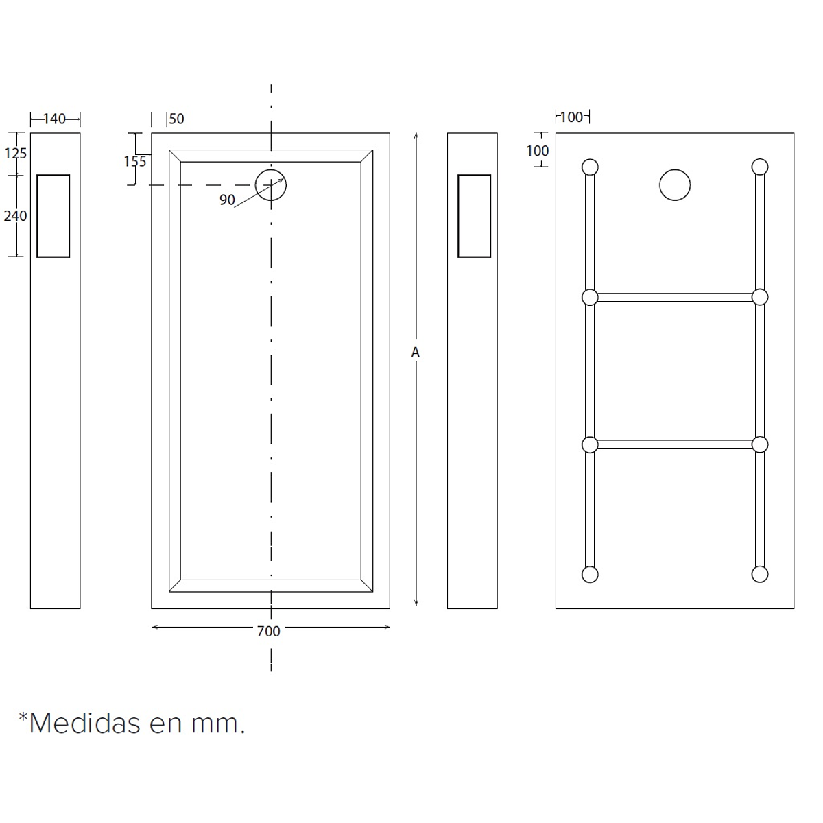 Receptáculo de ducha rectangular 140x70 cm
