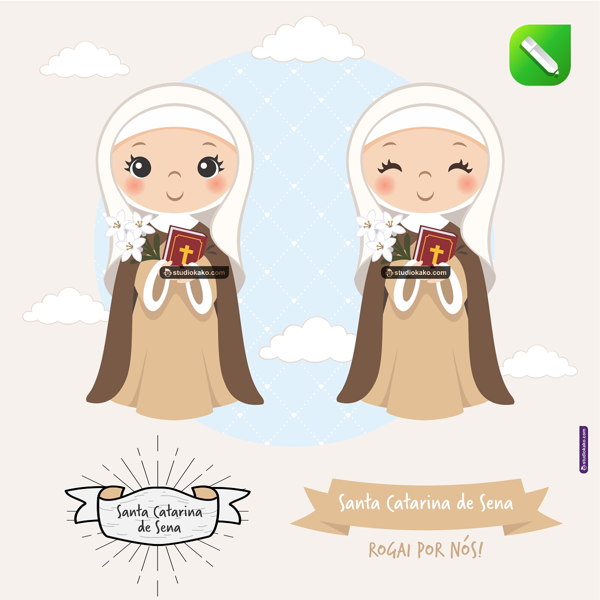 Kit Digital Vetor Santinhos Santa Catarina de Sena Editav...