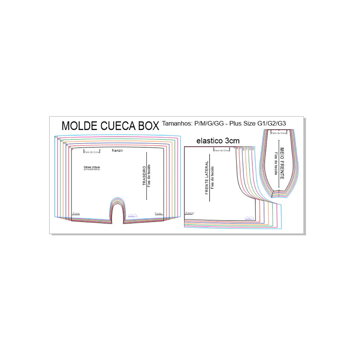 Molde Cueca Box (P ao G3 Plus Size) Arquivo PDF + Editável