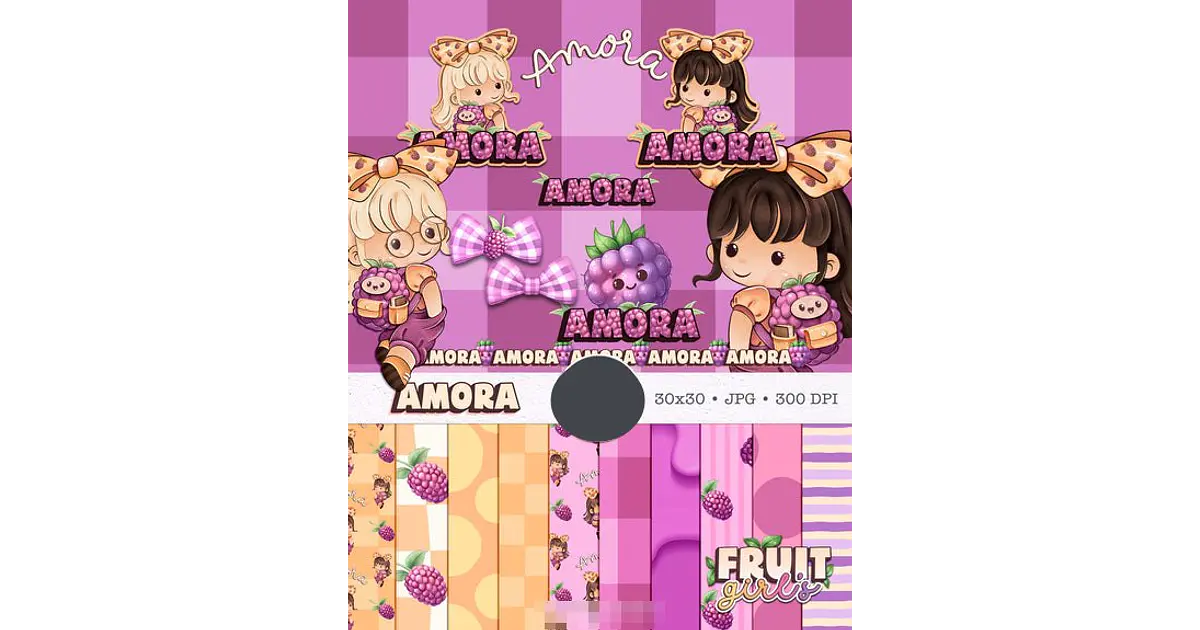 Kit Digital Boneca Cute Frutinhas Amora Aquarelado Png