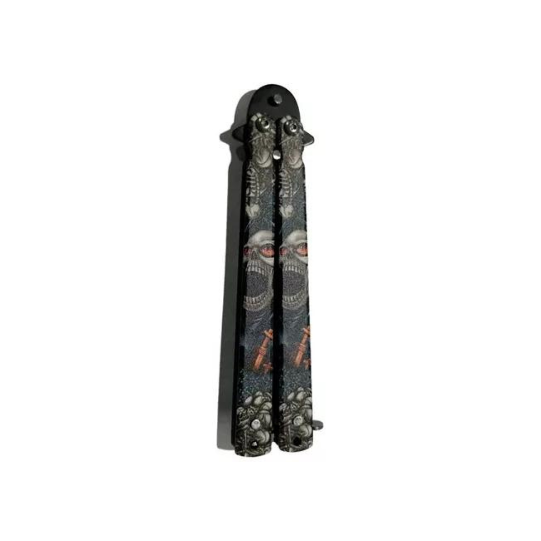 Cuchillo Navaja Mariposa Con Diseño Calavera Azul Con Filo
