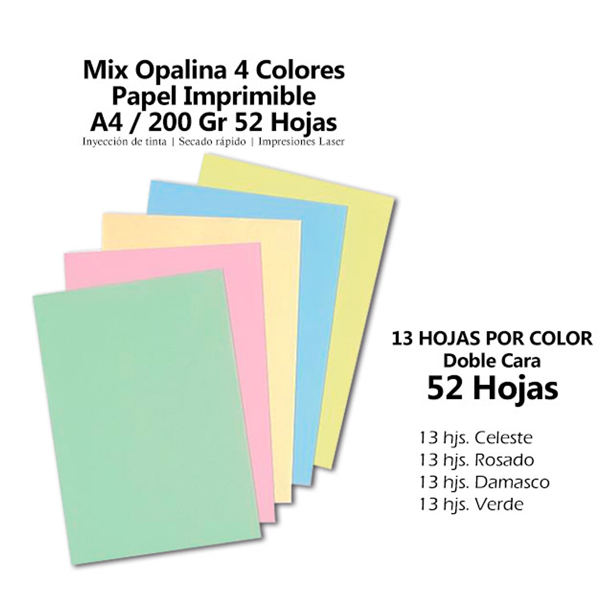 Mix Opalina 4 Colores Papel Imprimible A4 / 200 Gr 52 Hojas