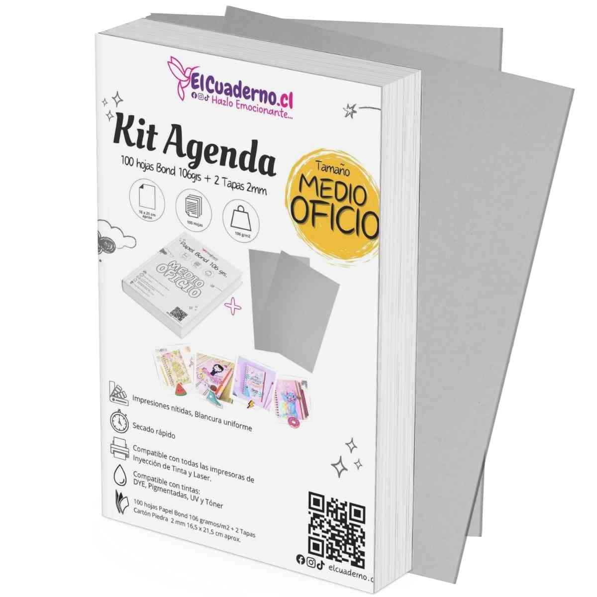 Kit Agenda Medio Oficio 100 Hojas Bond 106grs + Tapas