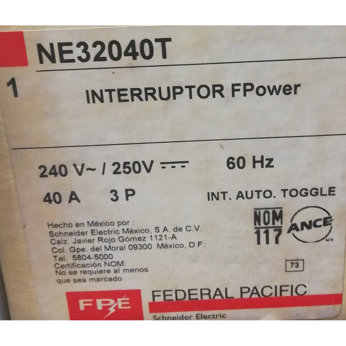 NE32040T INTERRUPTOR TERMOMAGNETICO FEDERAL PACIFIC.