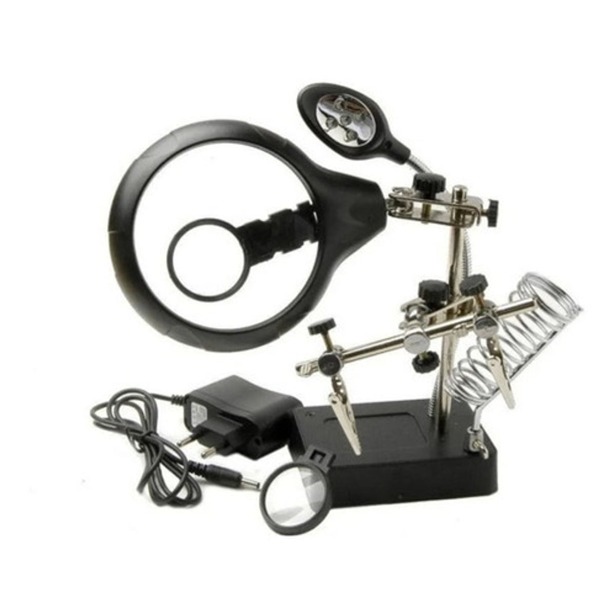 Tercera Mano Con Lupa En Acero + 2 Lentes 5 Led Porta Cautin