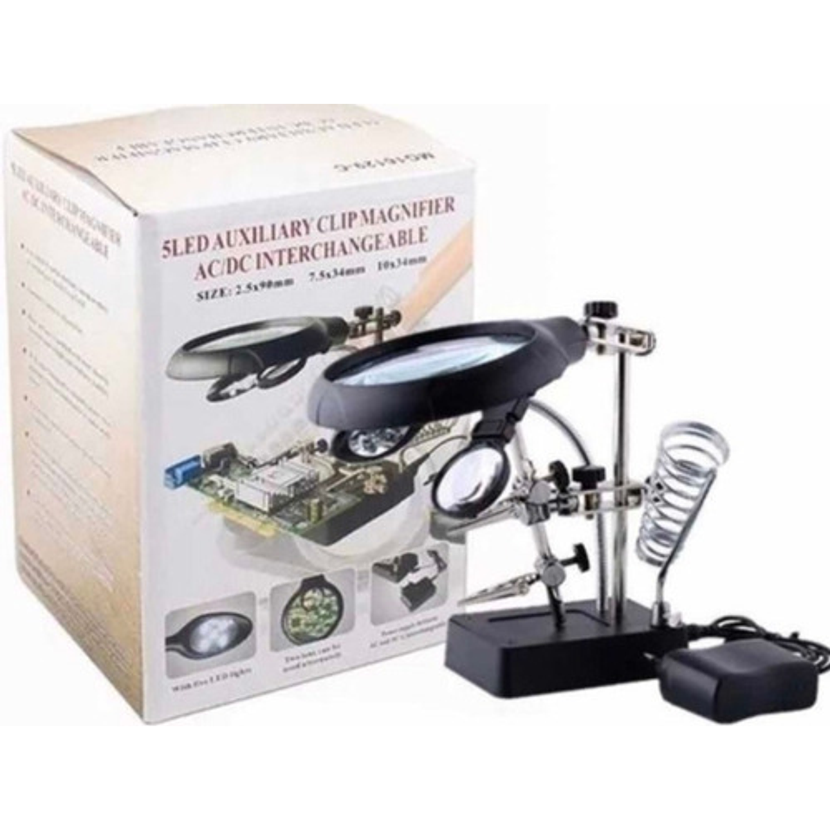 Tercera Mano Con Lupa En Acero + 2 Lentes 5 Led Porta Cautin