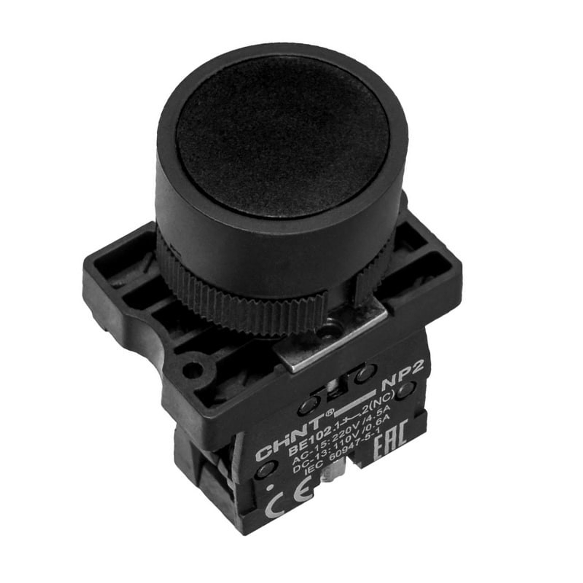 Pulsador plano negro, contacto modular 1NA, Ø22mm