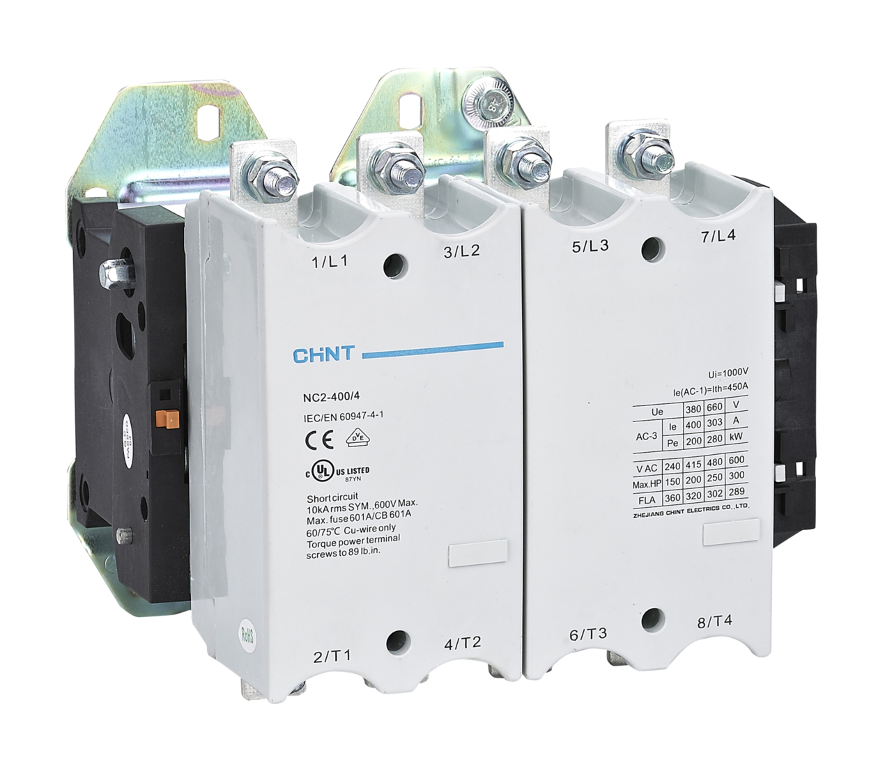 Contactor NC2, 400A 4P, 200KW, control 220 Vac