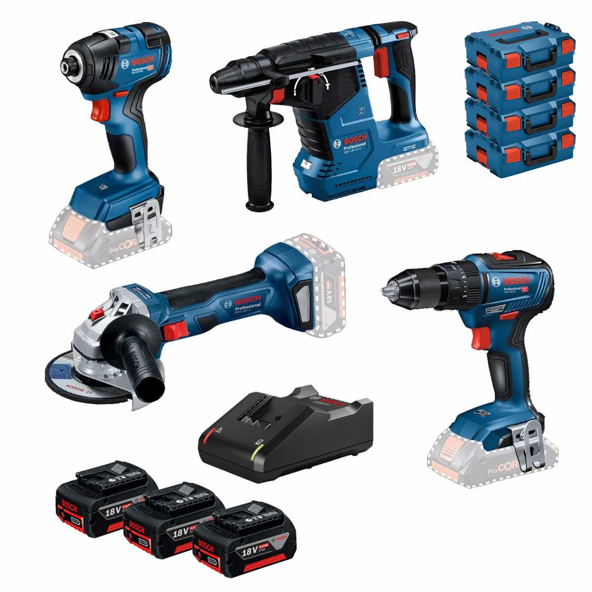 Kit de 4 máquinas sem fio + 3 Baterias 18V 5.0Ah BOSCH