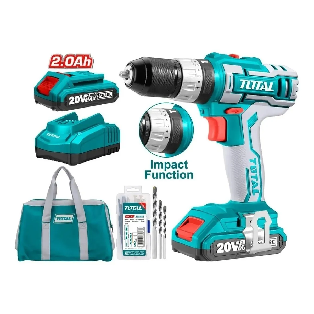 Taladro Atornillador Percutor 10mm 2 Bat 20v Total Tidli2002