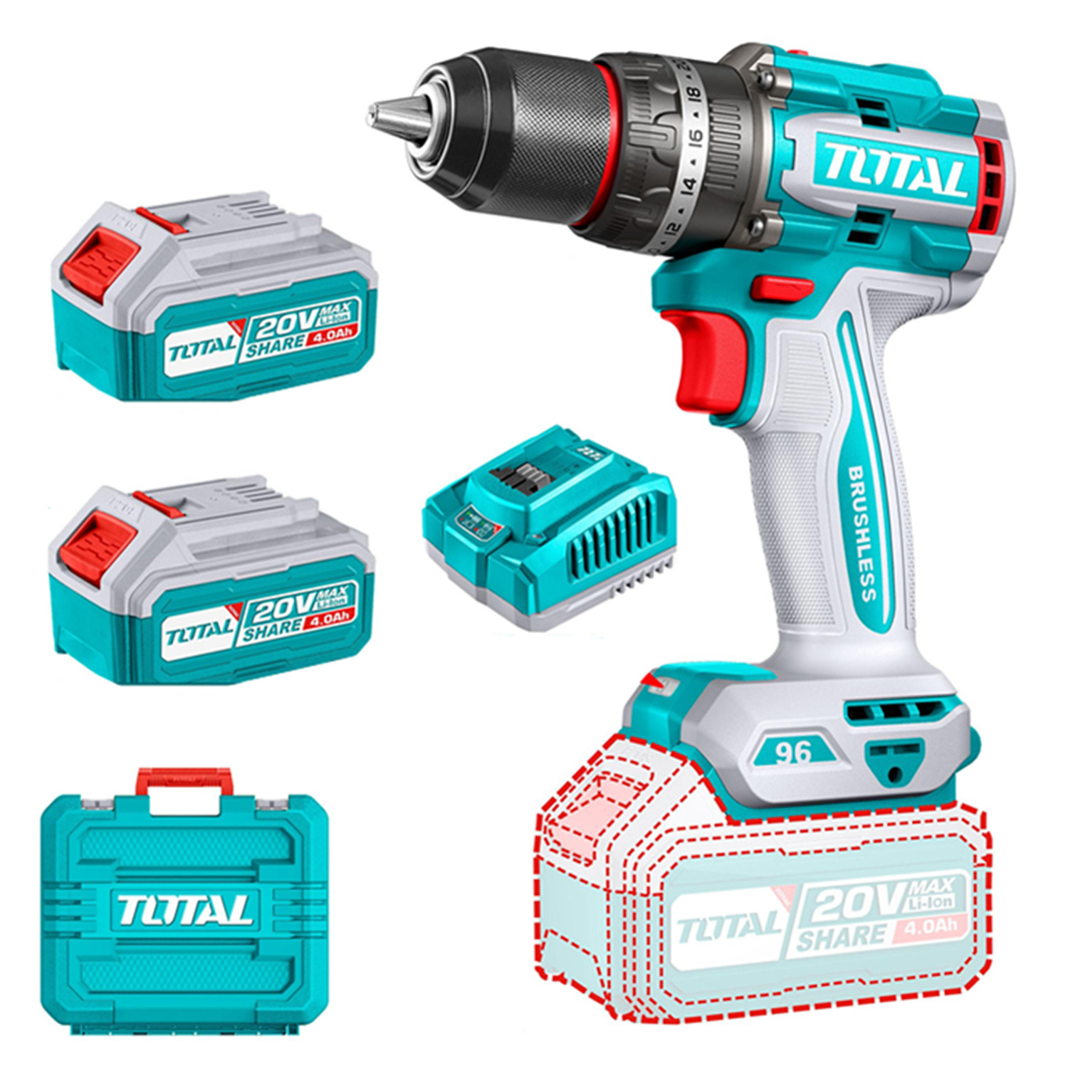 Taladro Atornillador Percutor 20v 2bat+carg Total Tidli20968