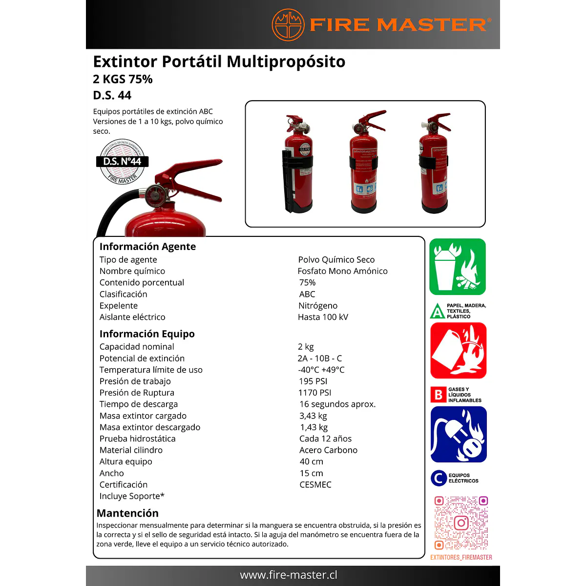 Extintor FIRE MASTER 2 Kg para vehiculos