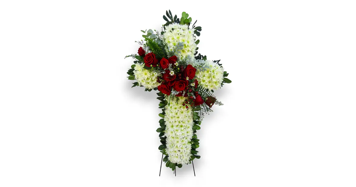 Cruz Fúnebre Blanca Rosas Rojas | Condolencias Santiago