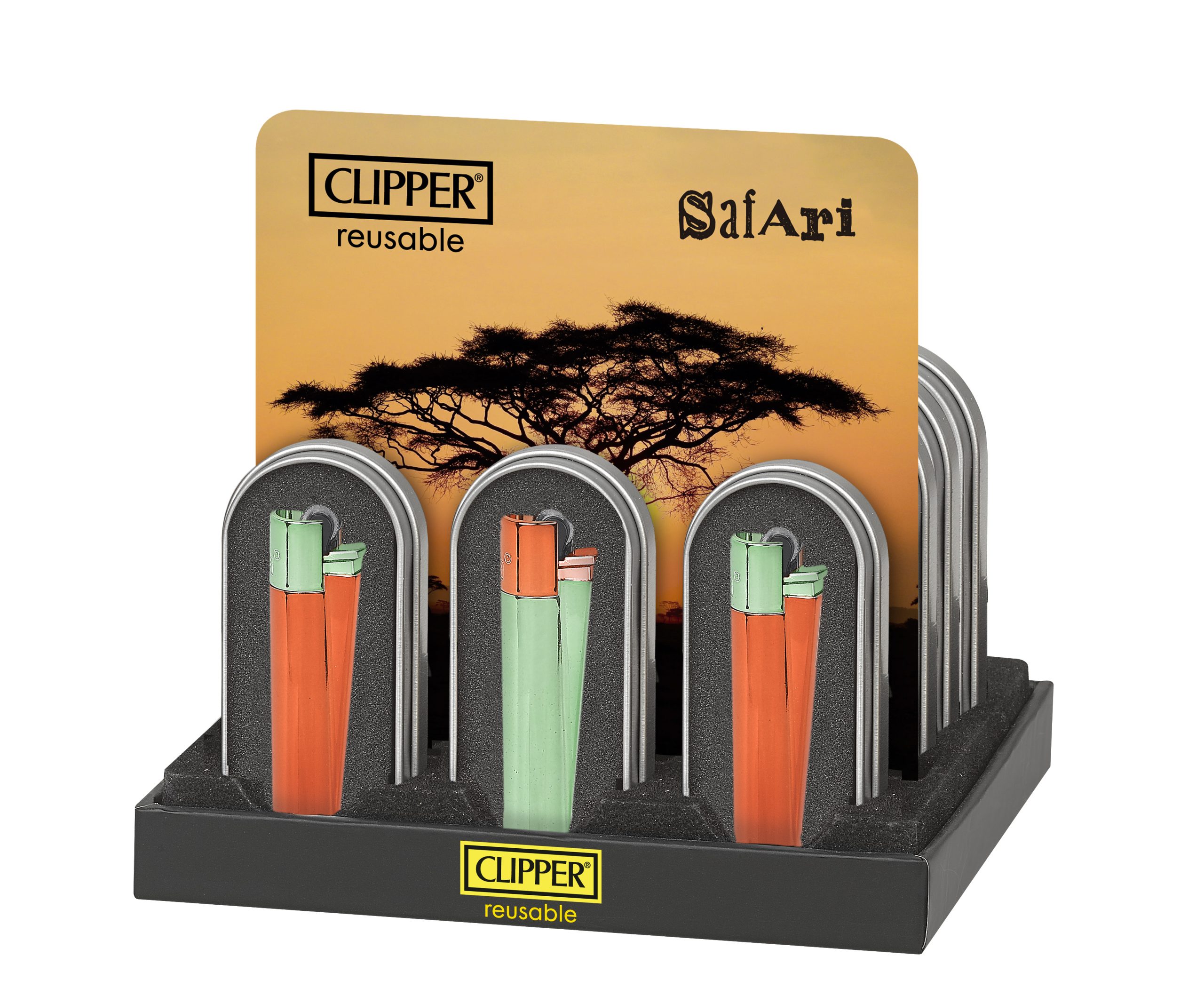 Encendedor Clipper Metálico Naranjo y Verde Brillante