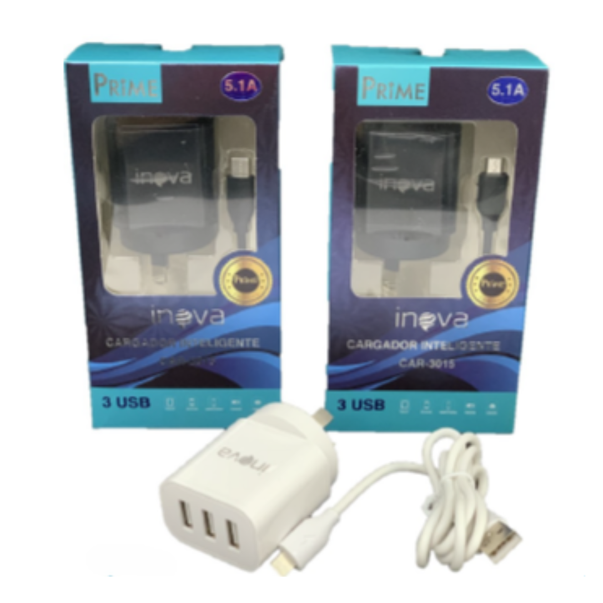 Cargador Inova 5.1A 3 Slots USB + 1 Cable USB a Lightning CA