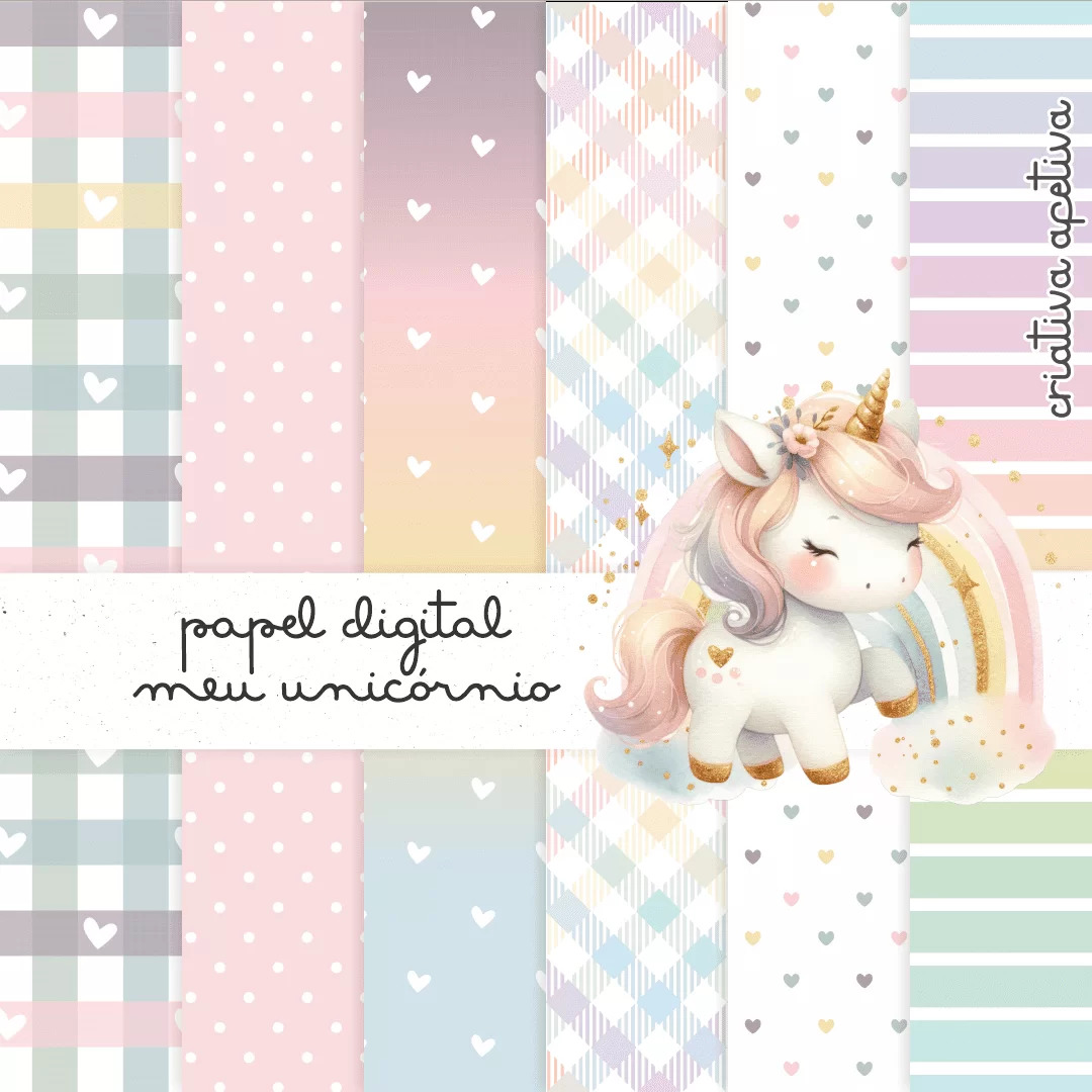 Kit Digital Papéis Unicórnio Colorido - Criativa Afetiva
