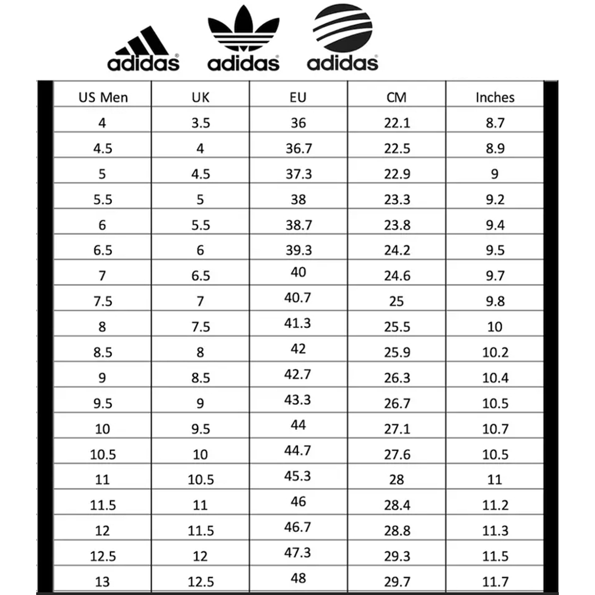 Adidas Size Charts