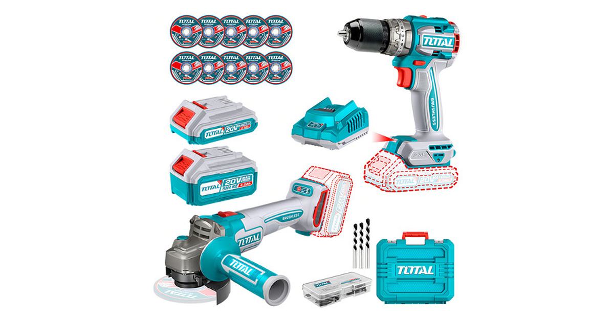 Taladro Blmotor + Esmeril Blmotor + 2 Bat + Carg + Acc Total