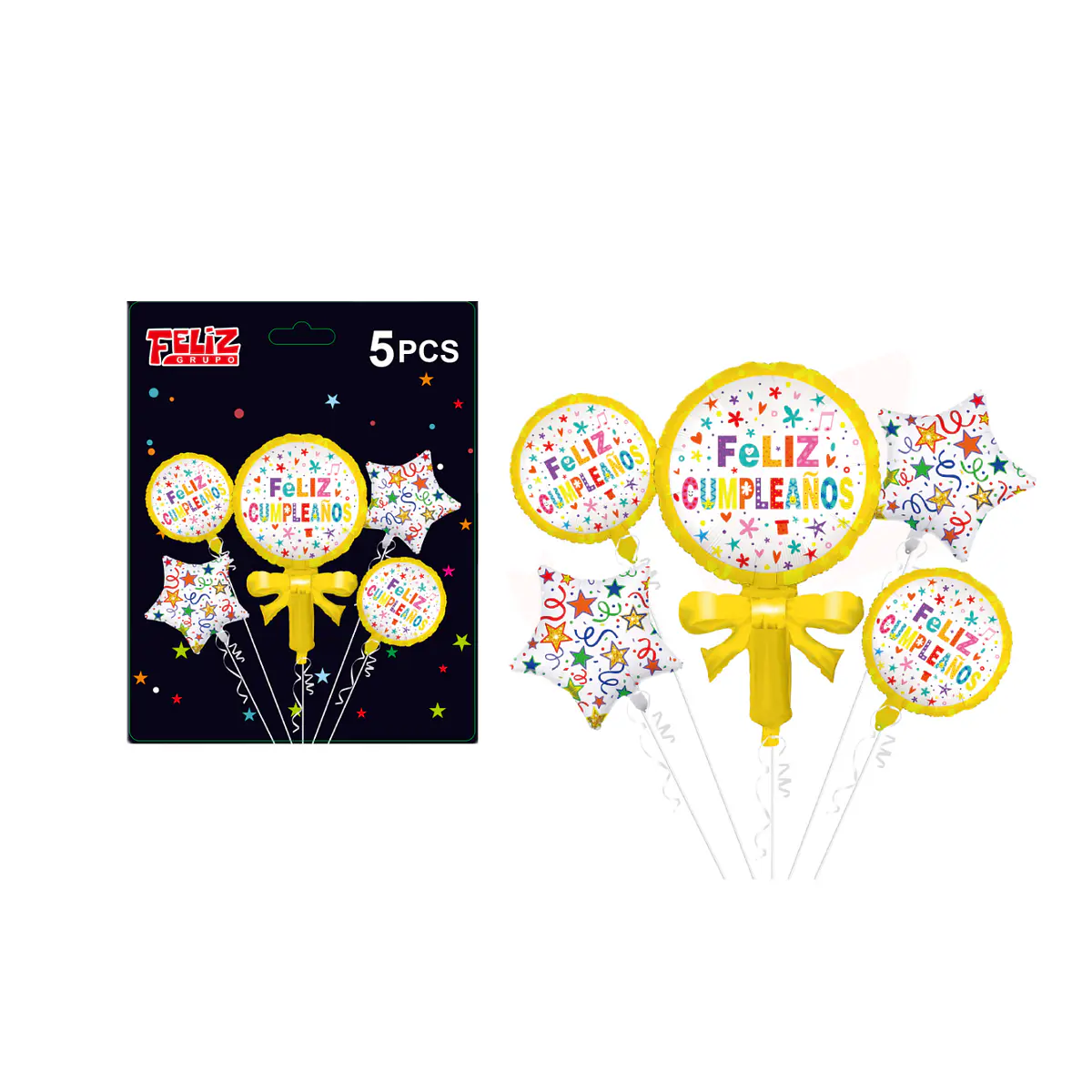 Set Globos Feliz Cumpleaños Amarillo con Rozón 5 pcs