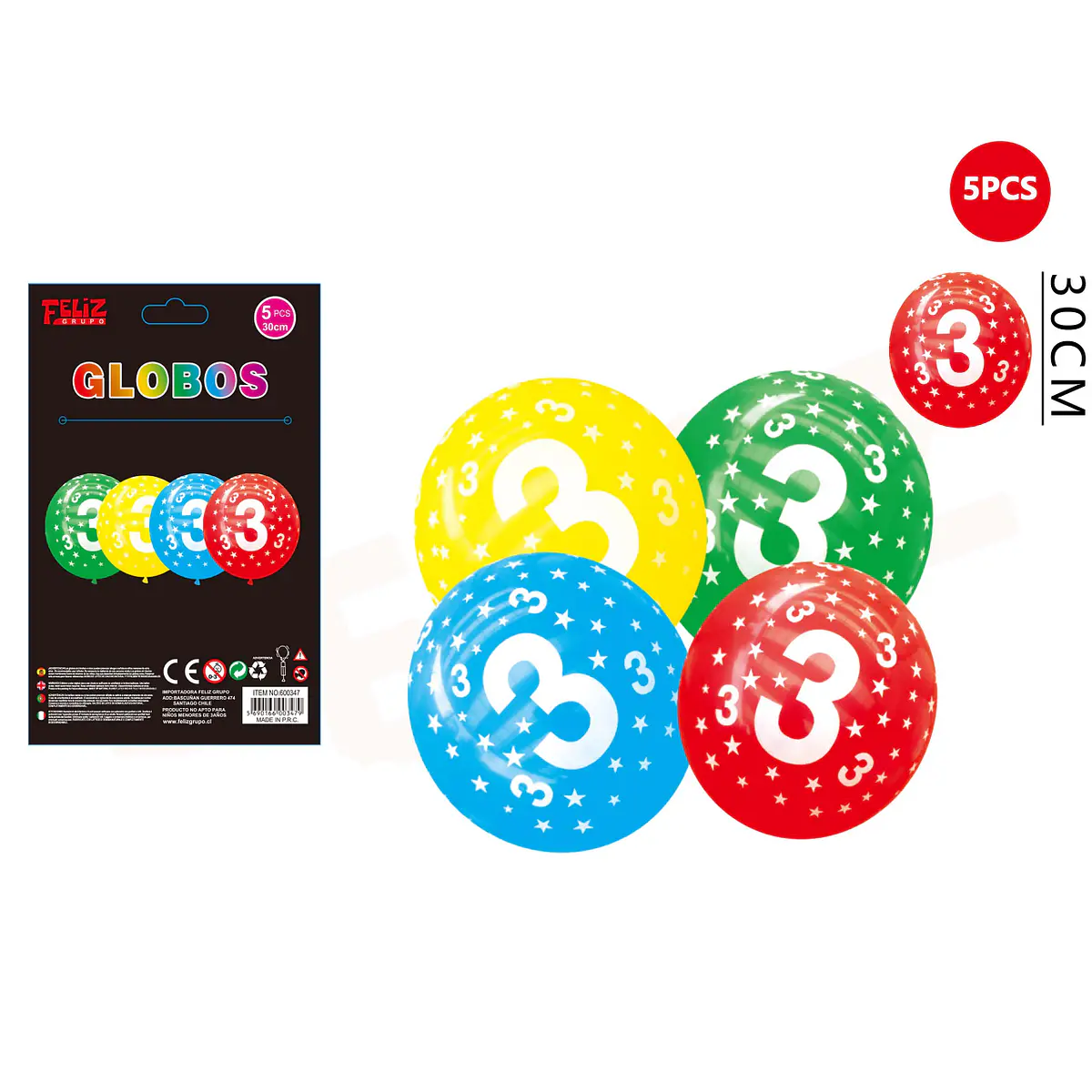 Set Globos Número 3 Multicolor 30 cm 5 pcs