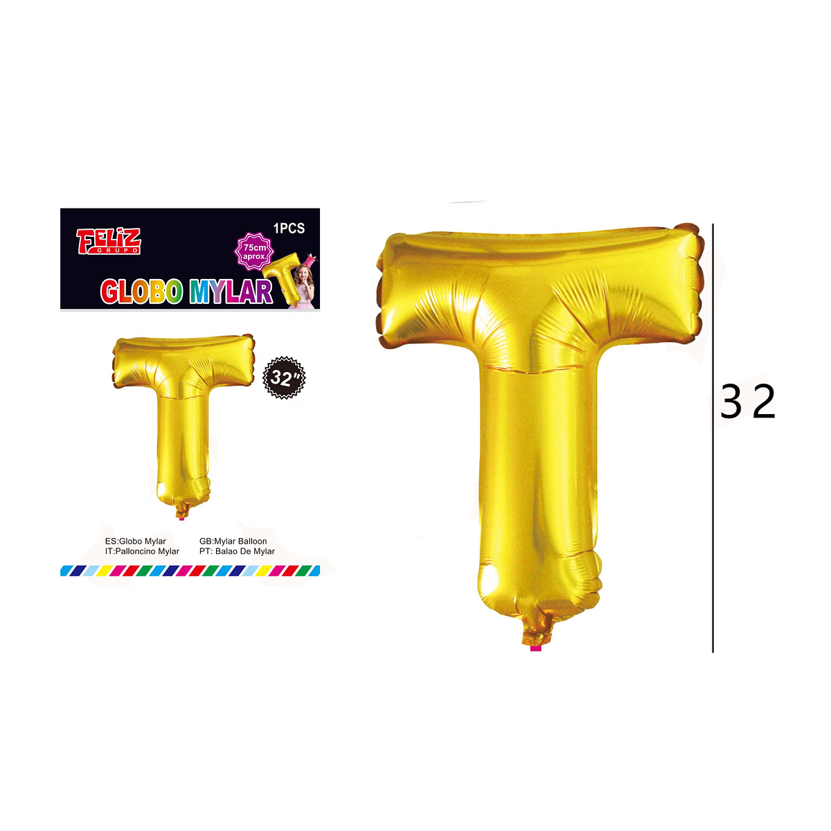 Globo Letra T Dorada 81 cm