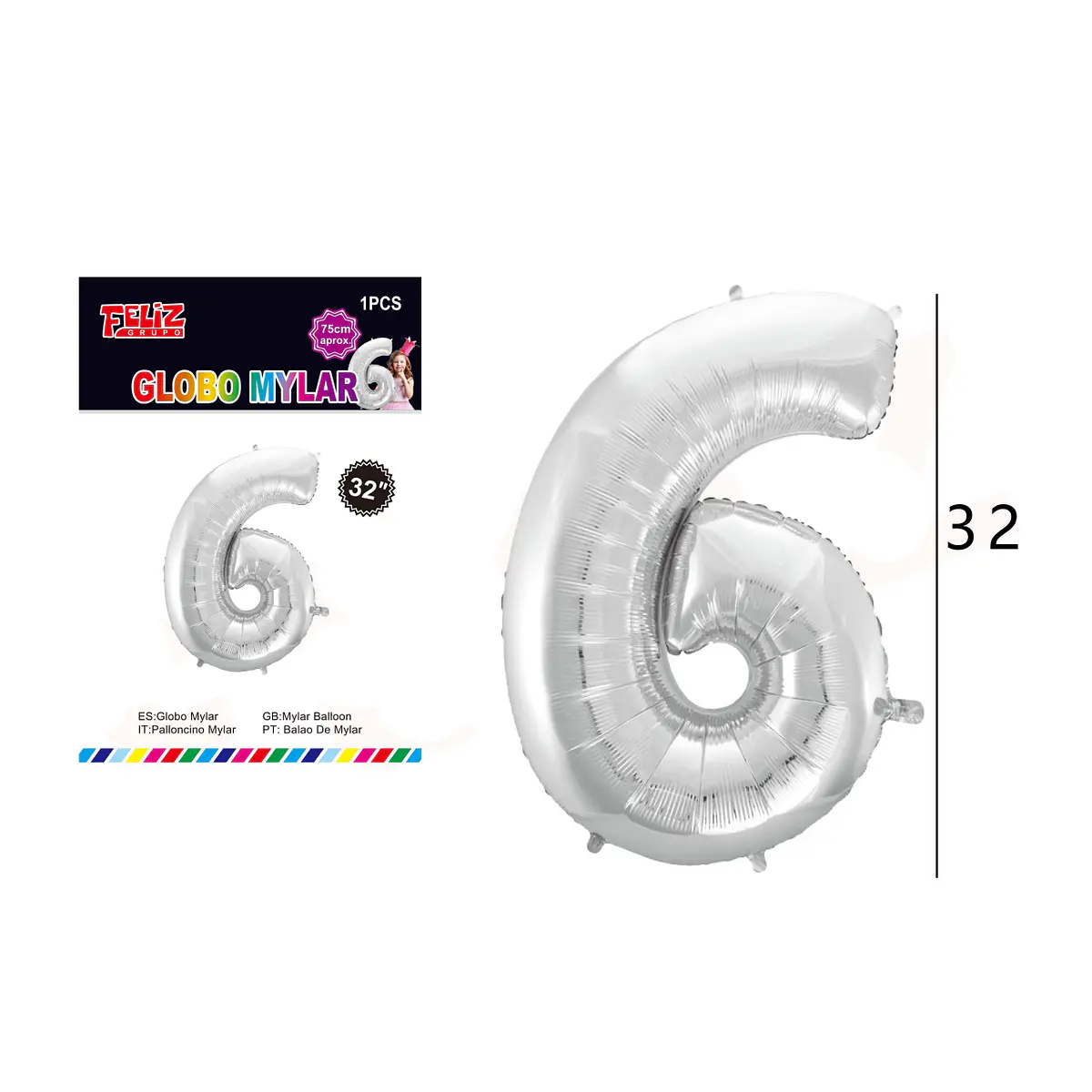 Globo Número 6 Plateado 81 cm