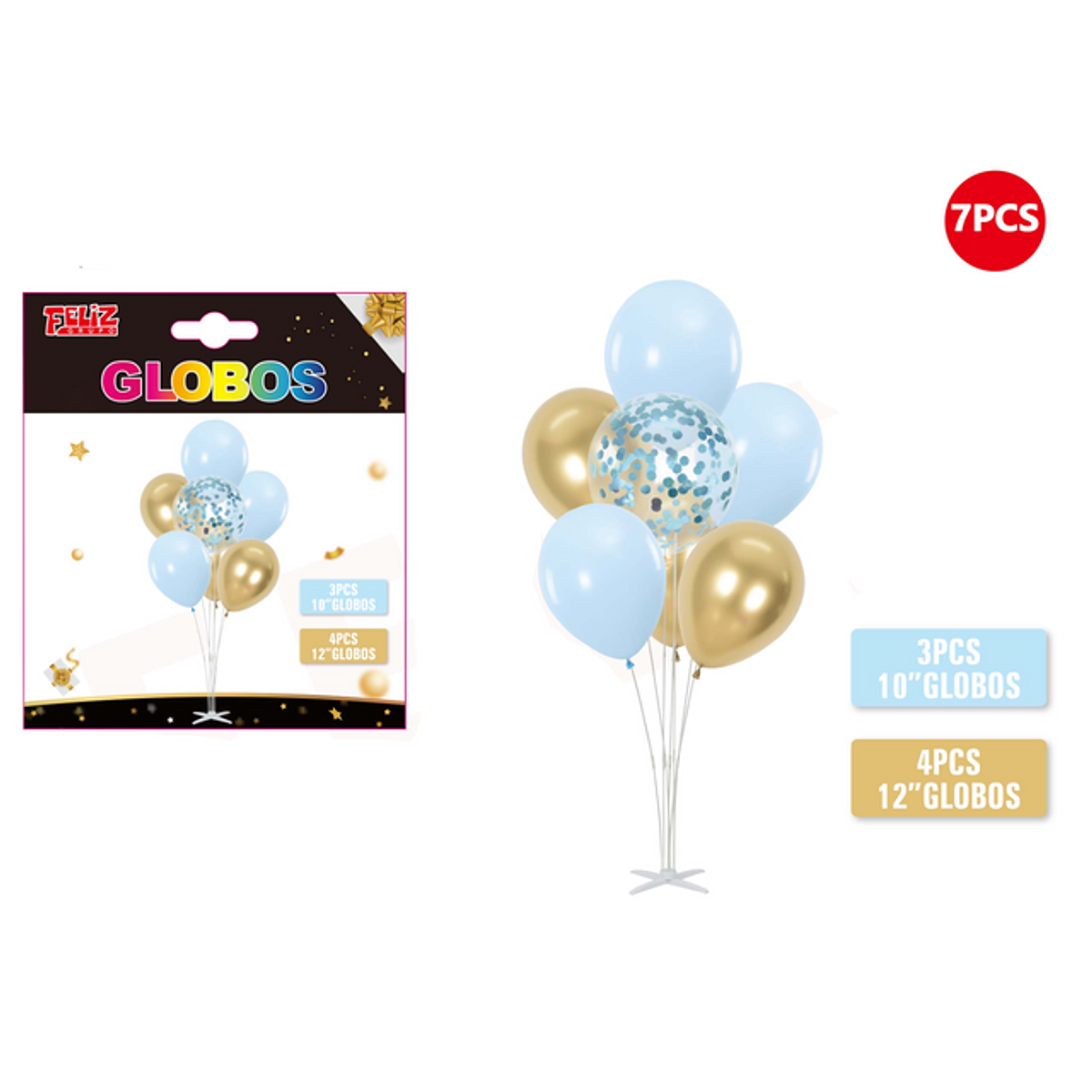 Set Globos Celeste y Dorado con pedestal 7 pcs