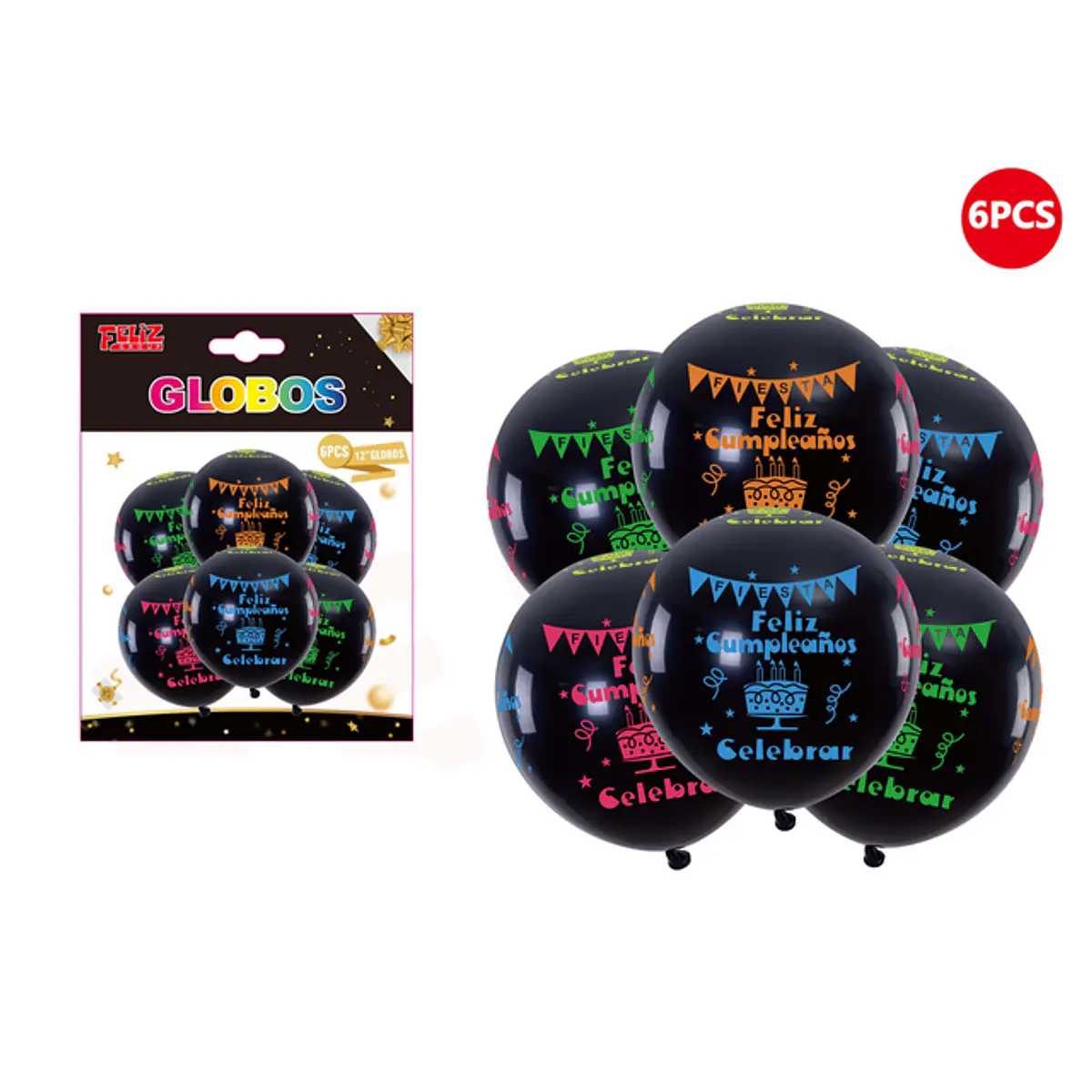 Set de Globos Colores con Frase Feliz cumpleaños 6pcs