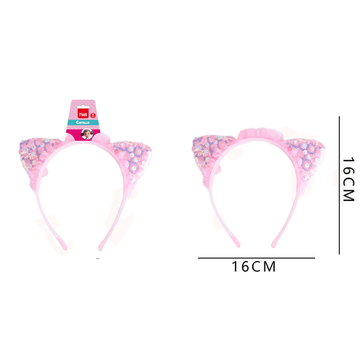 Cintillo orejas rosa con lentejulas 16x16cm