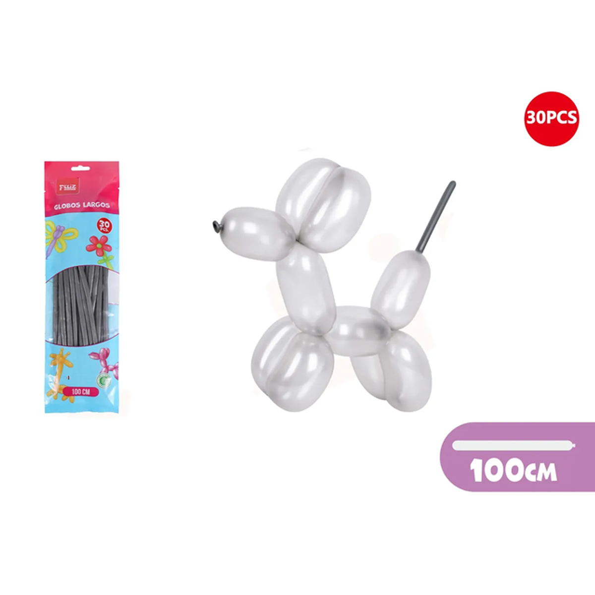Globos Largos Plateado 100cm 30pcs