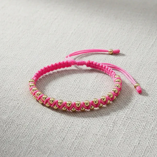 Pulsera Tejido Macramé Rosado Oro Laminado 18k