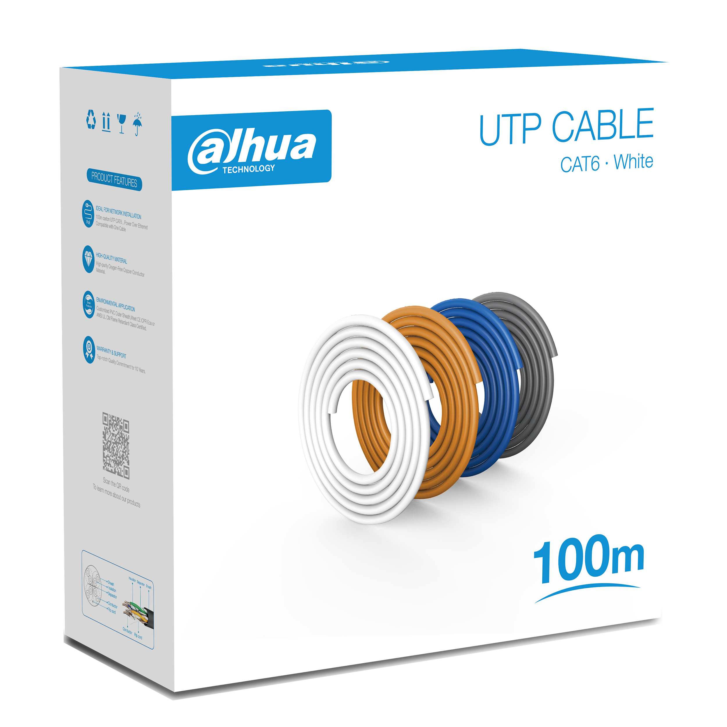 Cable UTP Cat6 Cobre 100Mts Color Blanco Marca Dahua