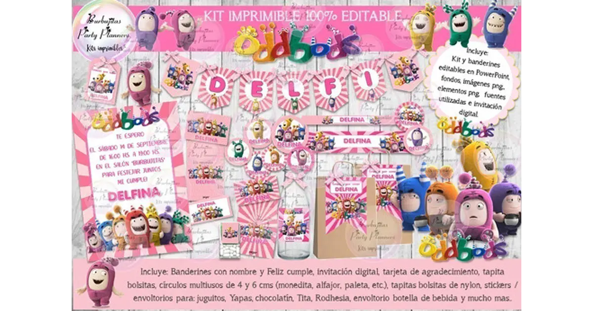 Kit Imprimible Candy Bar Oddbods Rosa 100% Editable