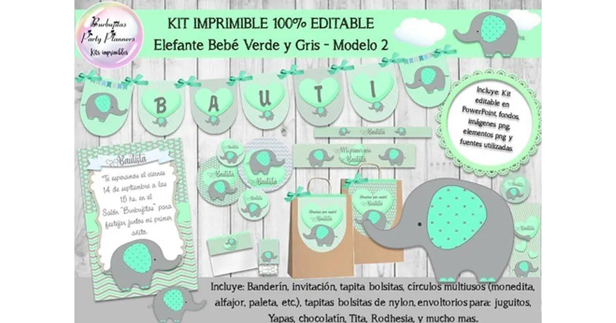 Kit Imprimible Candy Bar Elefante Verde Y Gris 2 Editable