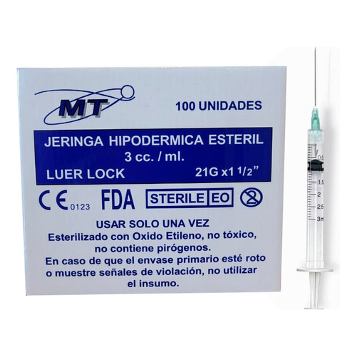 Jeringa Desechable Luer Lock 3cc 21g X 1 ½ Caja X100 Und.